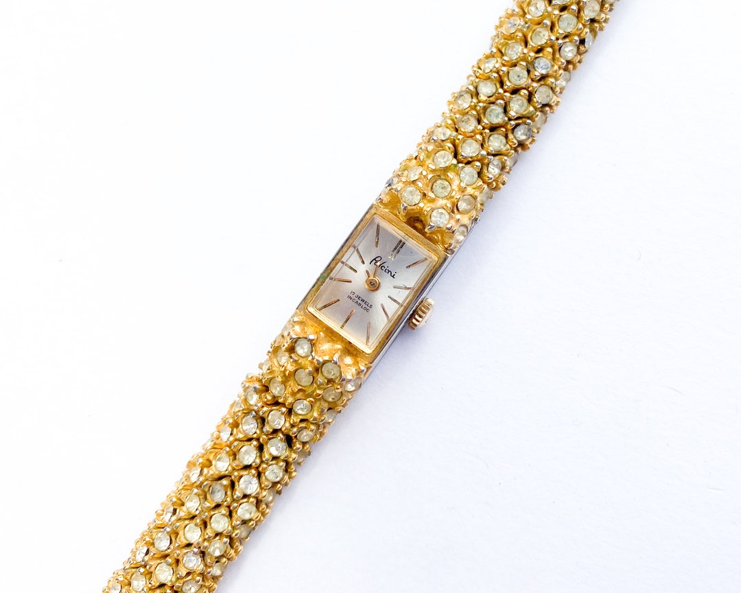 1950s Gold Rhinestone Ladies Watch | 50s Gold Serpentine Rhinestone ...