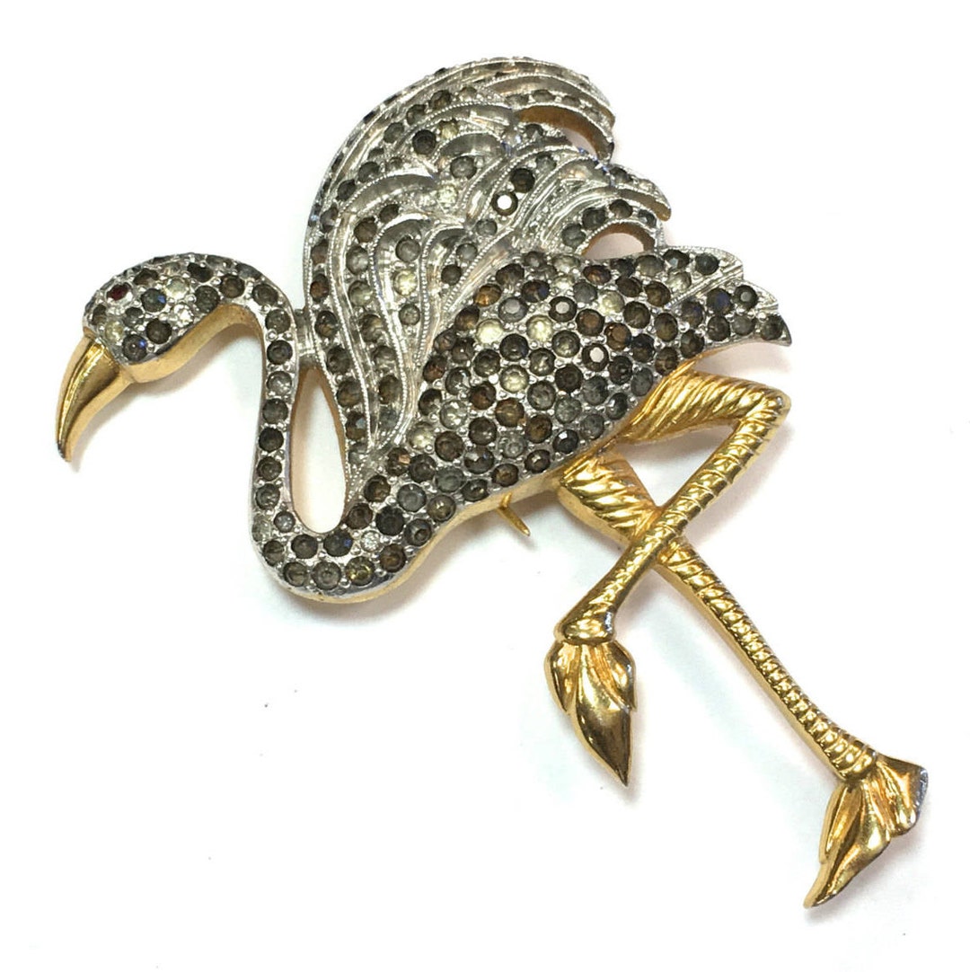 1940s Flamingo Fur Clip | 40s Flamingo Rhinestone Dress Clip ...