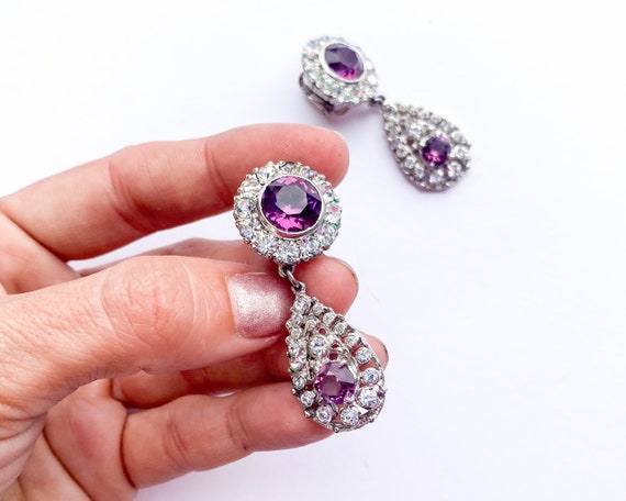 1960s Purple Rhinestone Dangle Earrings | 60s Purple … - Gem