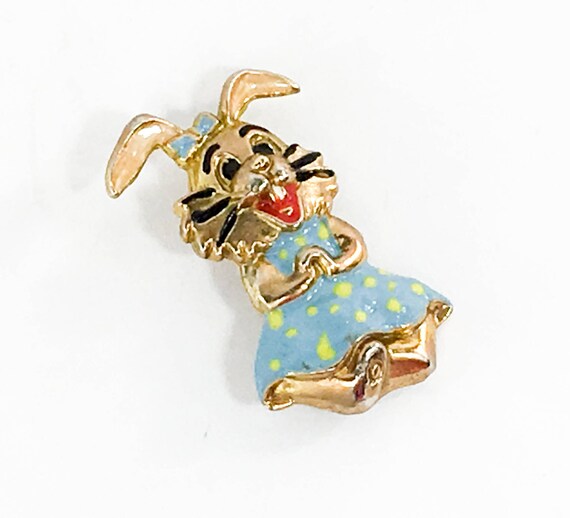 1960s Gold Rabbit Brooch | 60s Blue Enamel Rabbit Pin - Gem