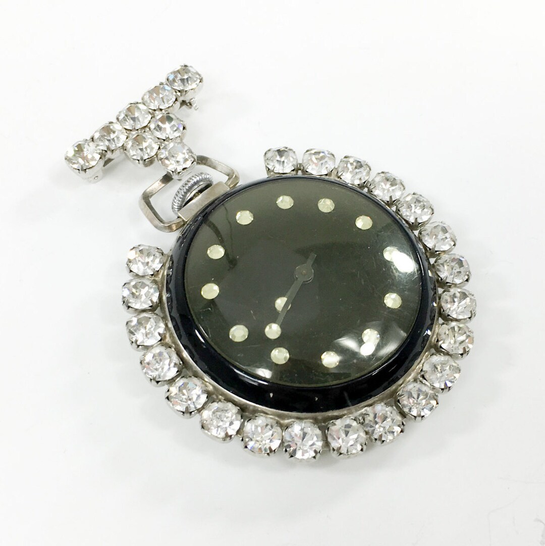 1950s Black Pocket Watch Brooch 50s Black Enamel & Rhinestone Clock Pin ...