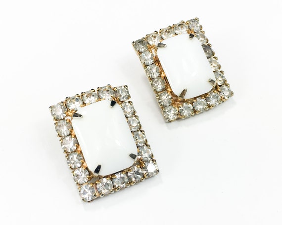 1950s White Glass & Rhinestone Earrings | 50s White M… - Gem