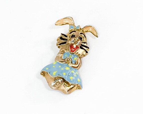 1960s Gold Rabbit Brooch | 60s Blue Enamel Rabbit Pin - Gem