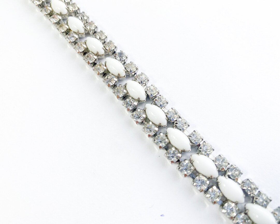 1960s Milk Glass Rhinestone Bracelet | 60s Rhinestone Evening Bracelet ...