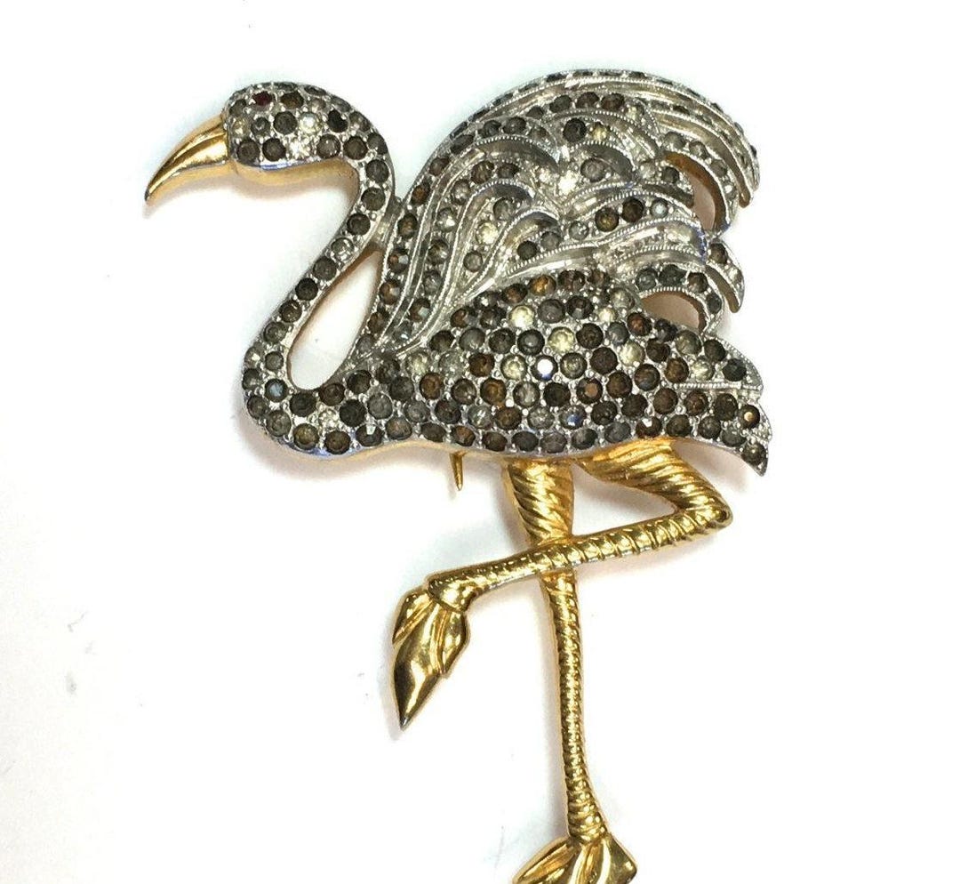 1940s Flamingo Fur Clip | 40s Flamingo Rhinestone Dress Clip ...