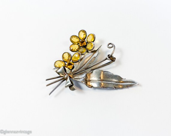 1940s Sterling Silver Floral Brooch | 40s Topaz Glass… - Gem