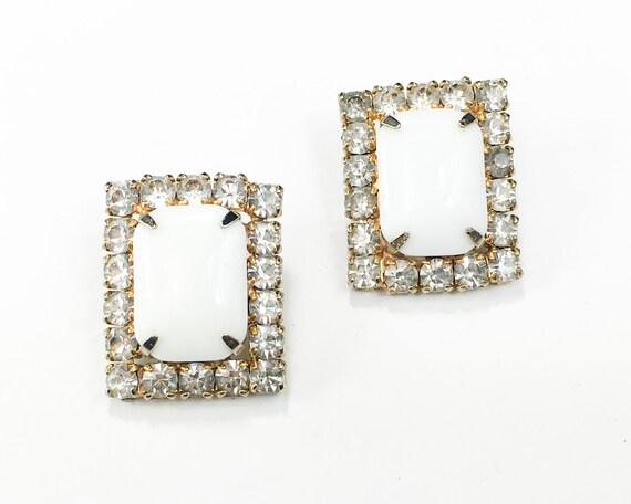 1950s White Glass & Rhinestone Earrings | 50s White M… - Gem