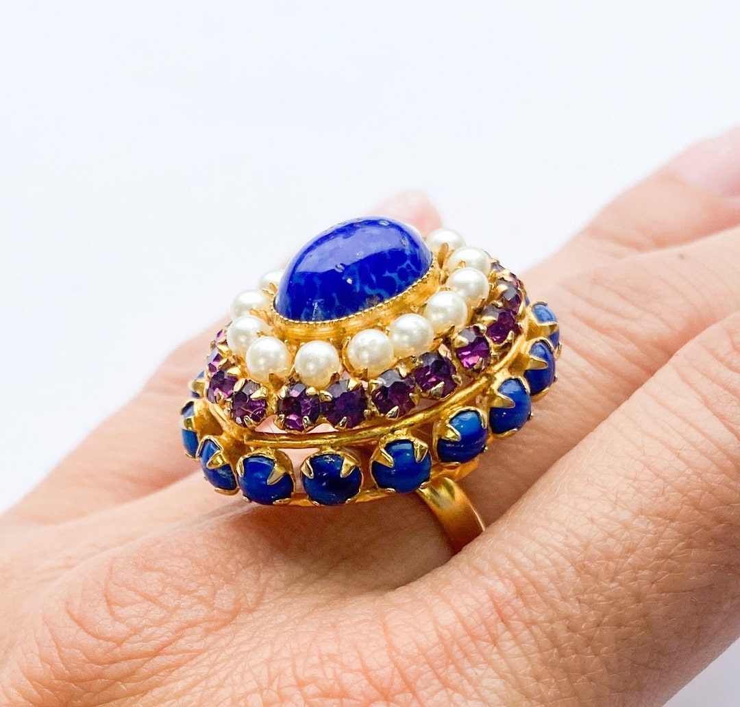 1960s Costume Cocktail Ring | 60s Statement Ring | Blue Lapis Glass ...
