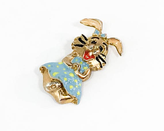 1960s Gold Rabbit Brooch | 60s Blue Enamel Rabbit Pin - Gem