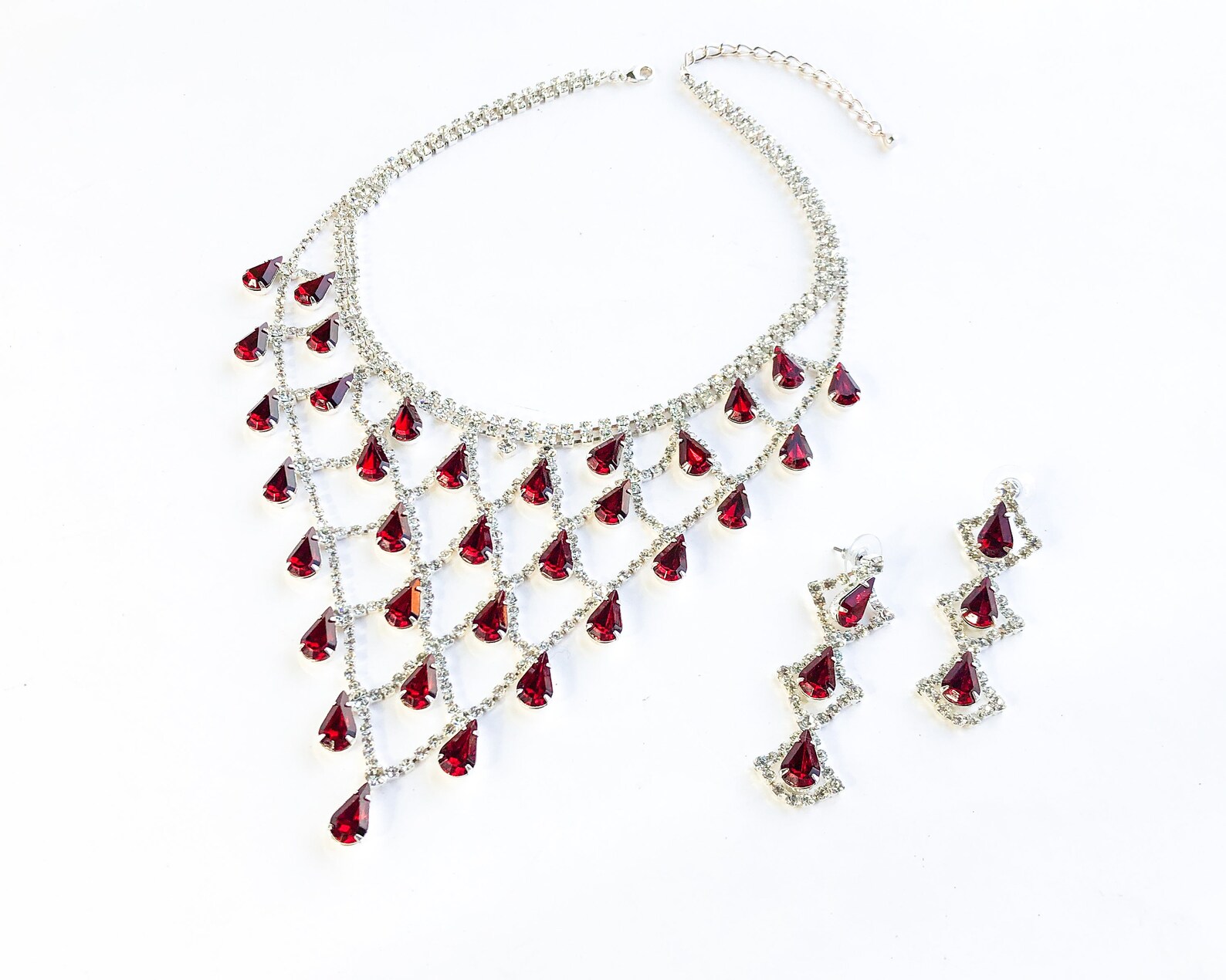 1990s Red Rhinestone Necklace & Earrings 90s Red Rhinestone - Etsy