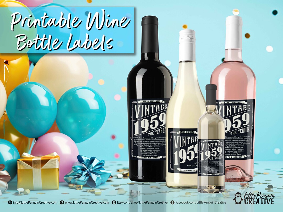 Printable "vintage 1959" Birthday Year Fun Facts Multi-size Wine Bottle ...