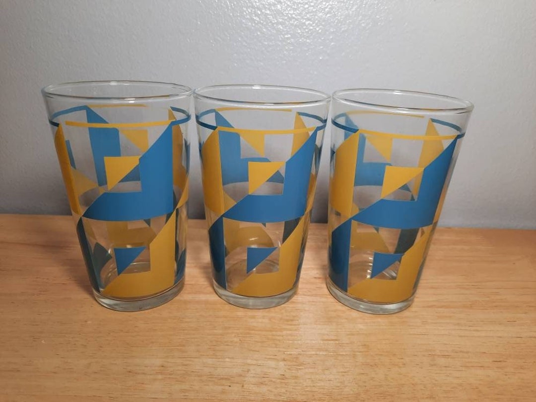 Vintage MCM Federal Glass Blue & Yellow Geometric Square Glass ...