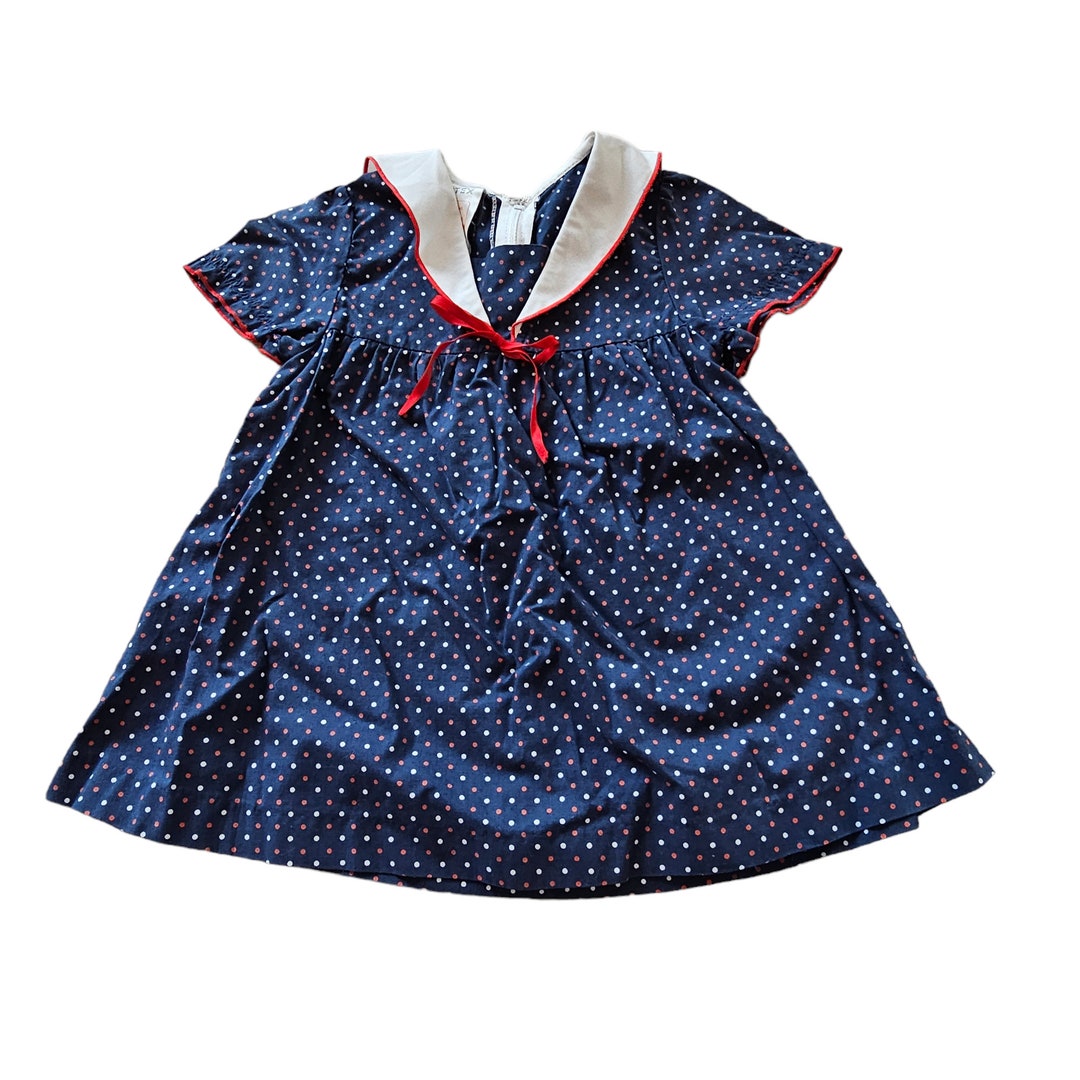 Vintage 80's Dodtex 4T Navy Blue Sailor Dress With Polka Dots and Bib ...