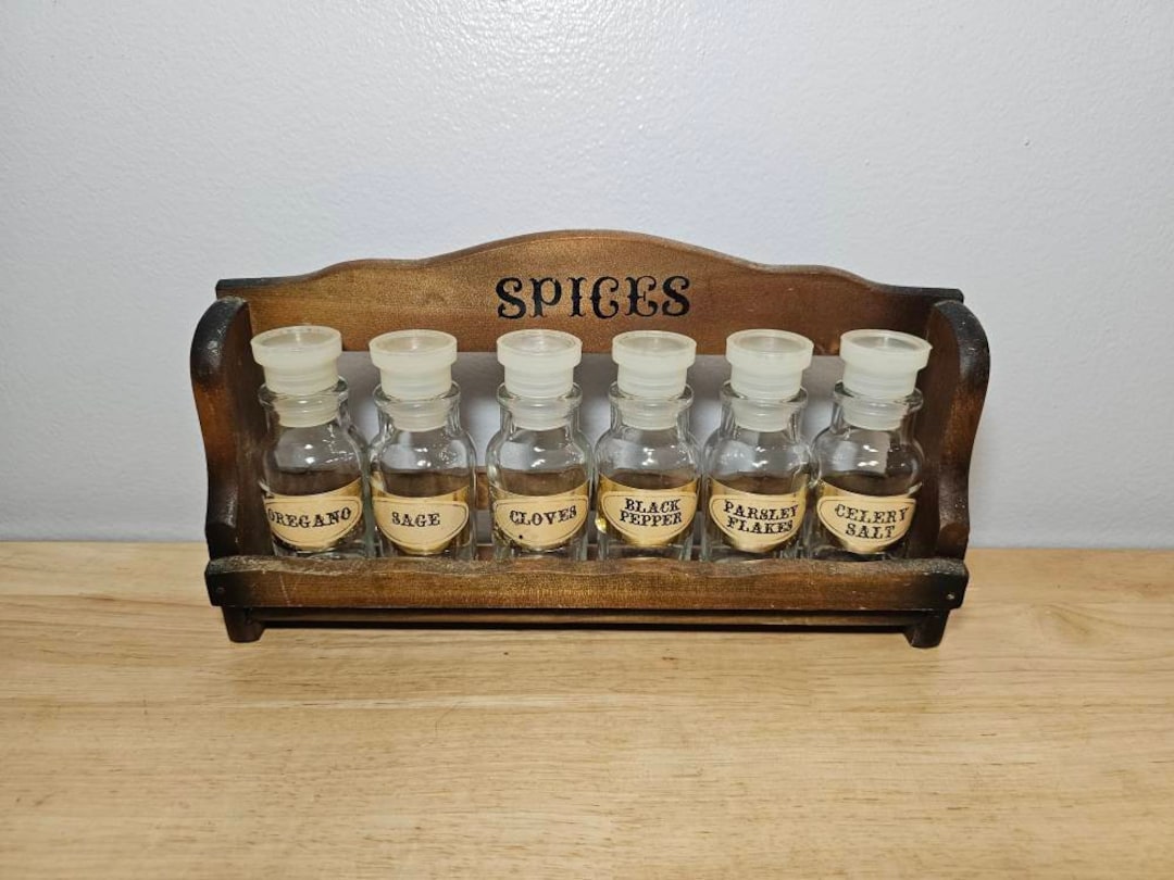 Vintage Gail Craft Wooden Spice Rack With 6 Glass Labeled Apothecary ...