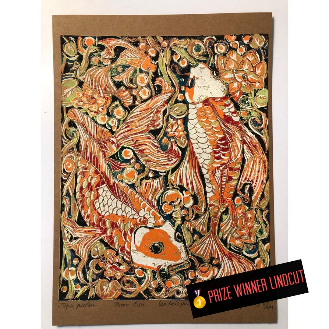 Award Winning Linocut : "three Fish" Original Linocut Print of Koi Fish ...