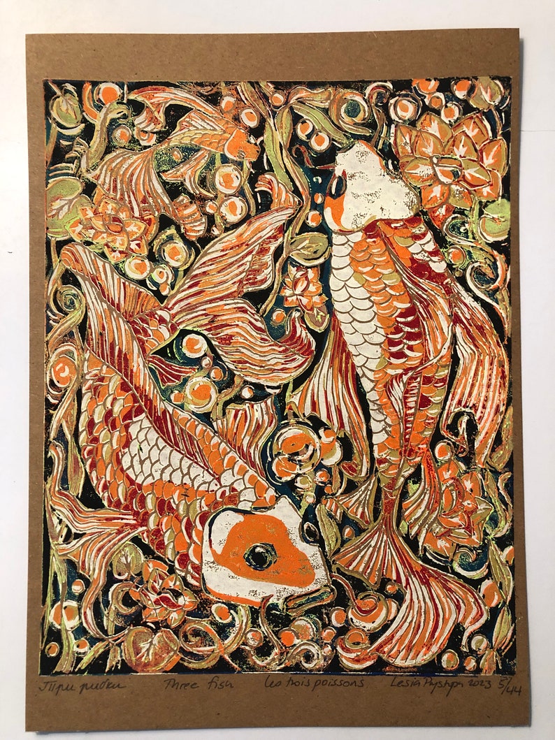 Award Winning Linocut : three Fish Original Linocut Print of Koi Fish ...