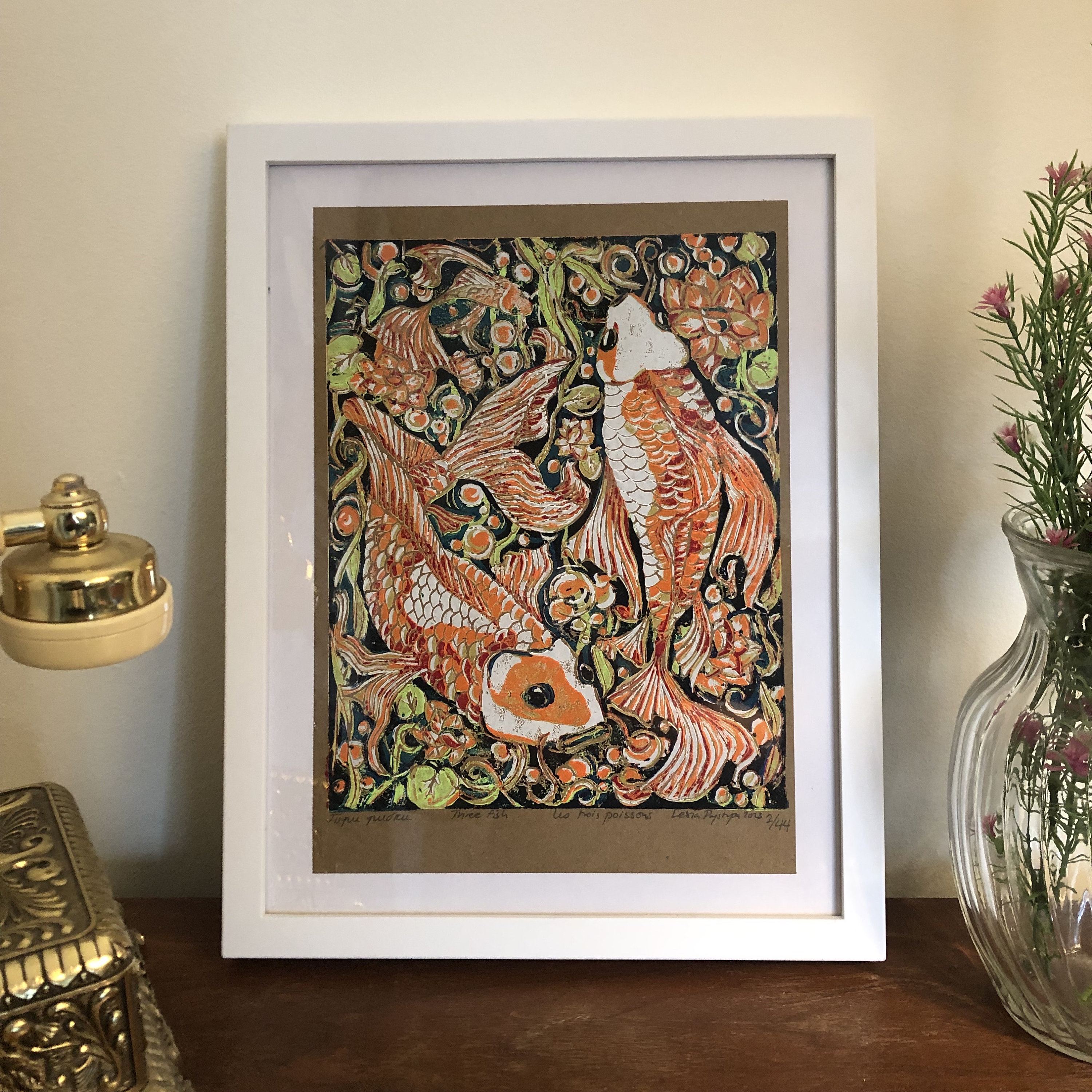 Award Winning Linocut : three Fish Original Linocut Print of Koi Fish ...