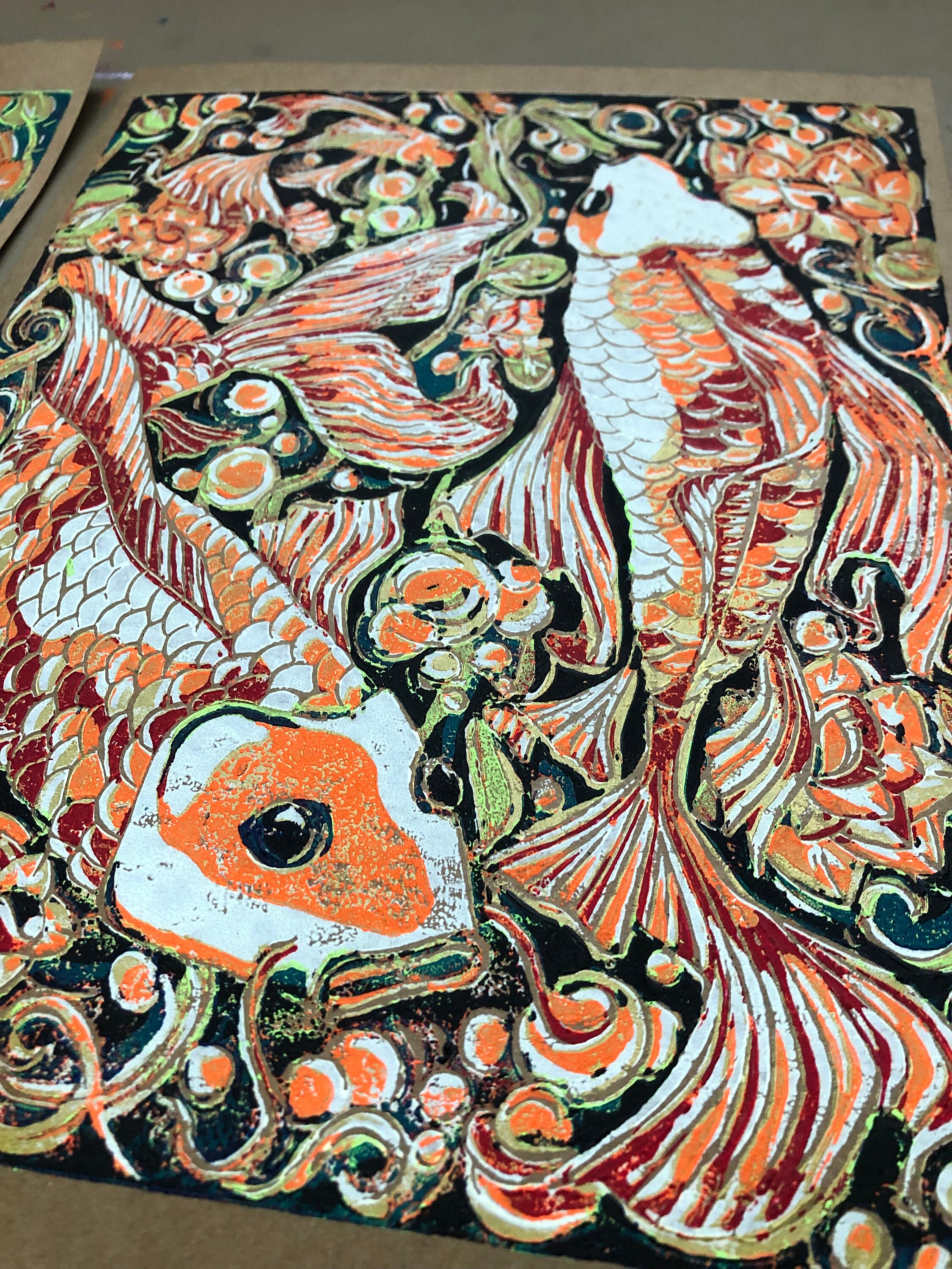 Award Winning Linocut : three Fish Original Linocut Print of Koi Fish ...