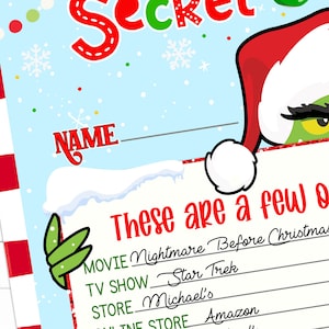 Secret Grinch Questionnaire, Grinch Printable, Gift Exchange, Secret ...