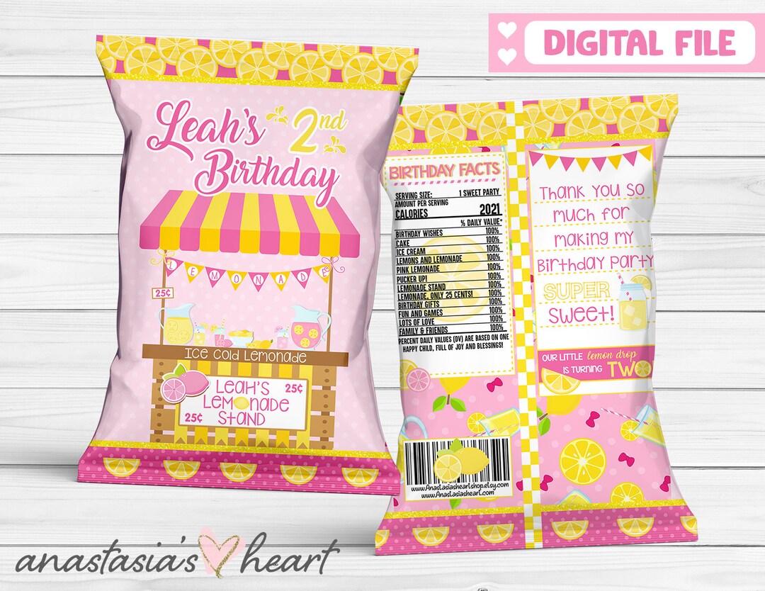 DIGITAL FILES Pink Lemonade Chip Bags, Pink Lemonade Birthday, Pink ...