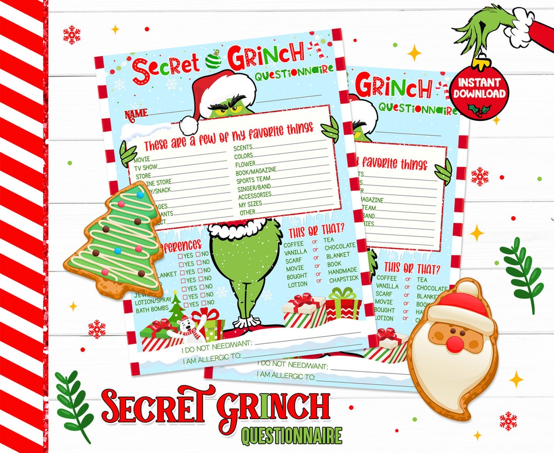 Grinch Printable, Secret Grinch Questionnaire, Gift Exchange, Christmas ...
