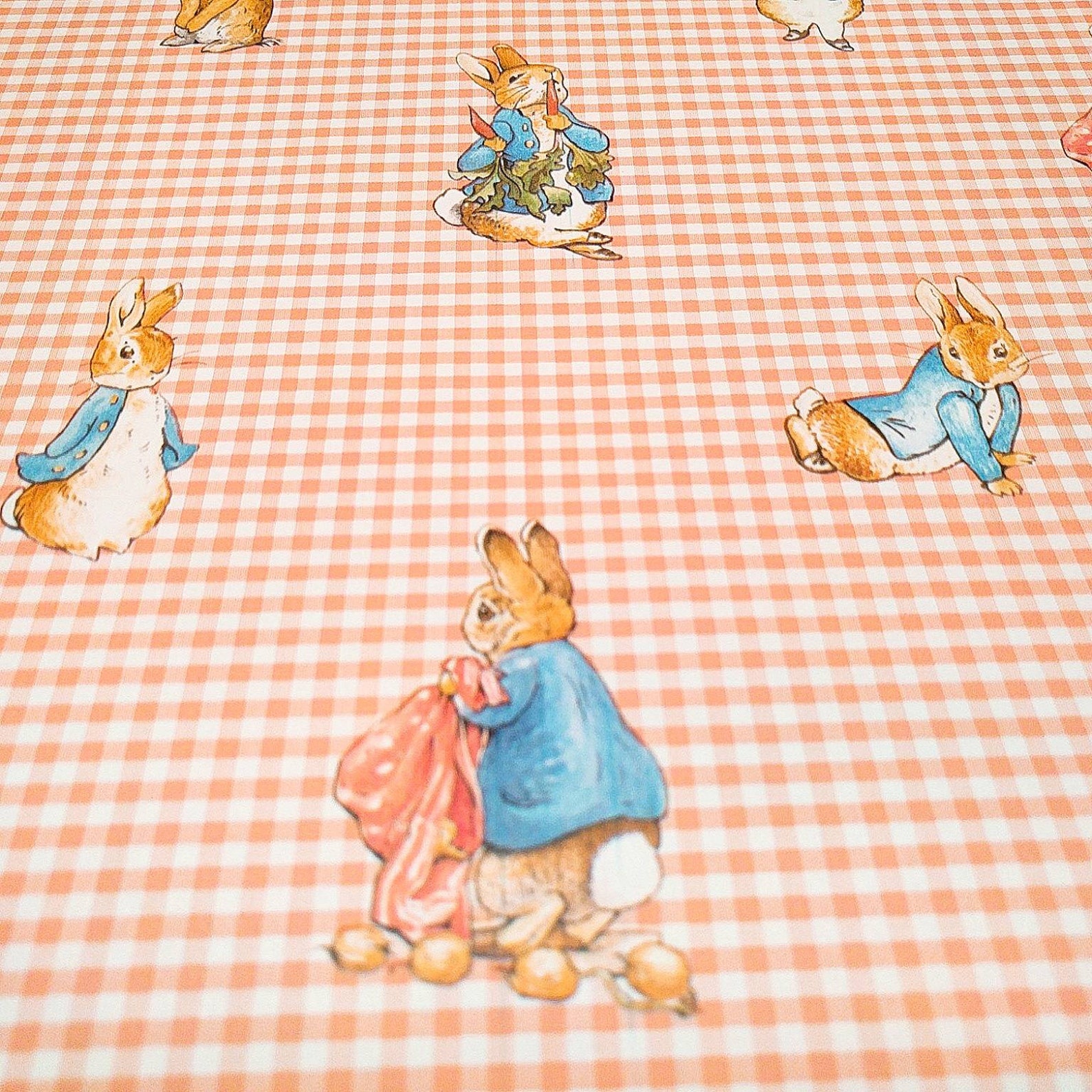 Vintage Wallpaper Peter Rabbit Beatrix Potter Gingham Pink Blue Nursery ...