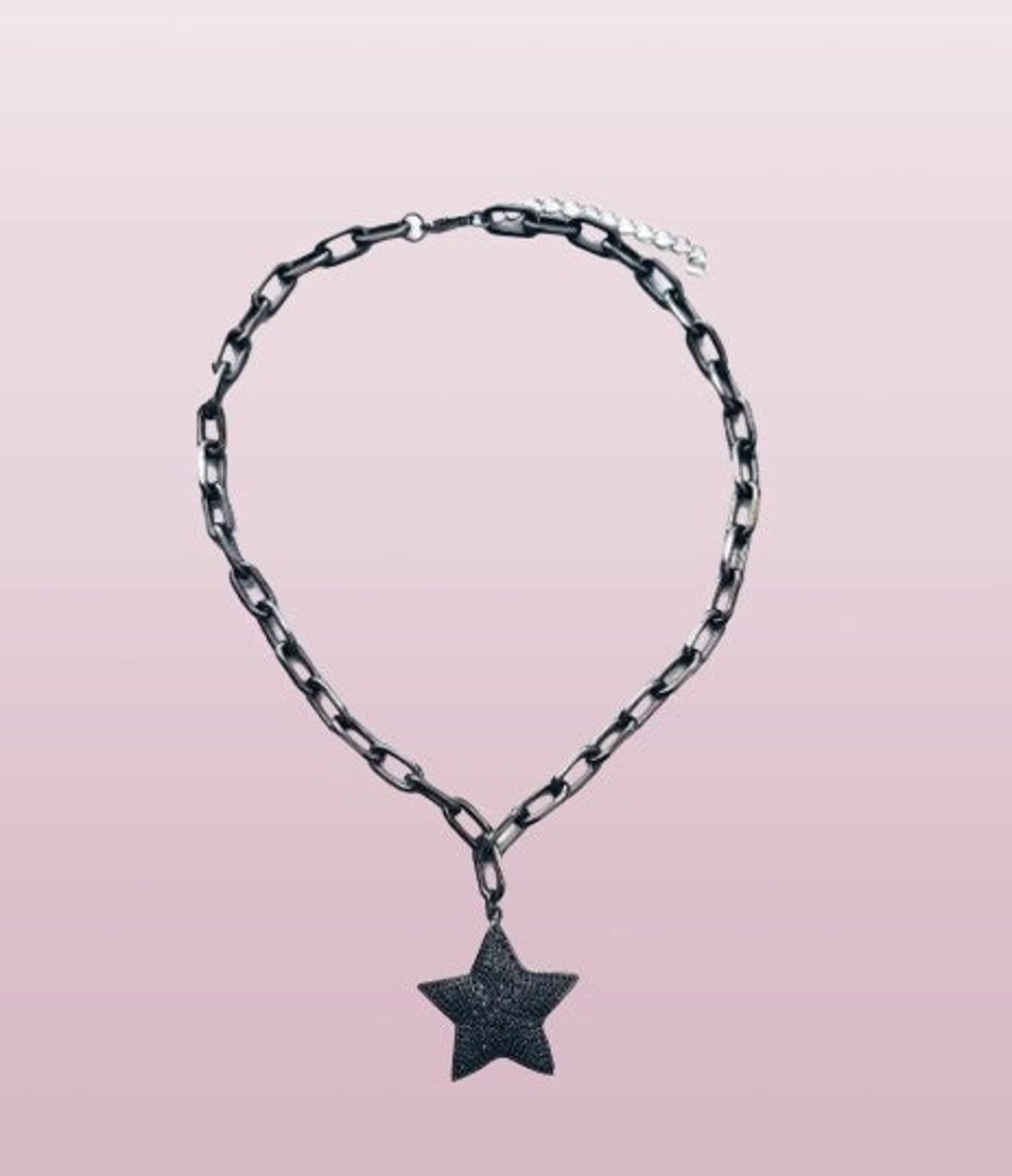 Black Star Pendant Zirconia Sparkle Bead Paperclip Chain Thick Pewter ...