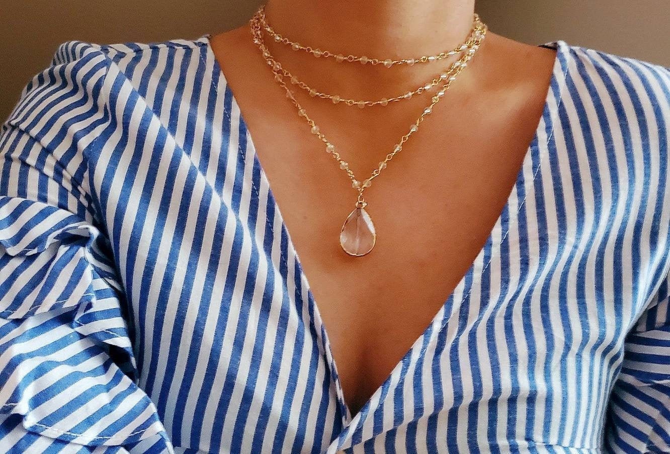Triple Crystal Gold Clear Layering Rosary Chain Necklace | Etsy