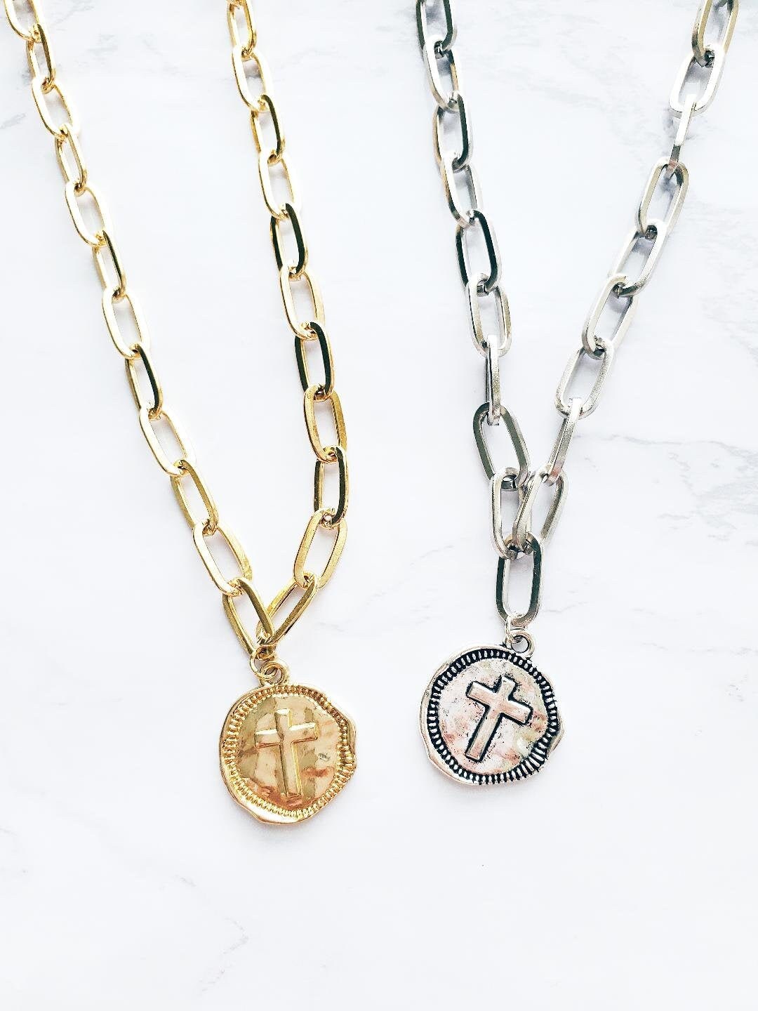 Faith Cross Charm Necklace Hardware Paperclip Chain Long Linked Chains ...
