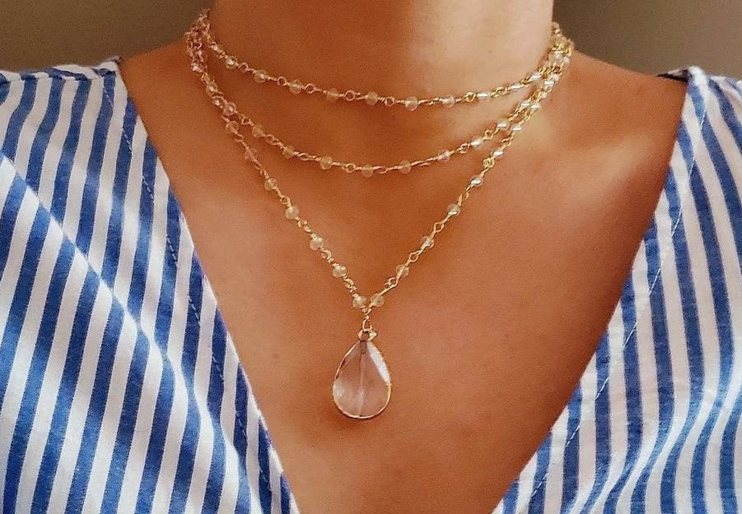Triple Crystal Gold Clear Layering Rosary Chain Necklace Choker Tear ...