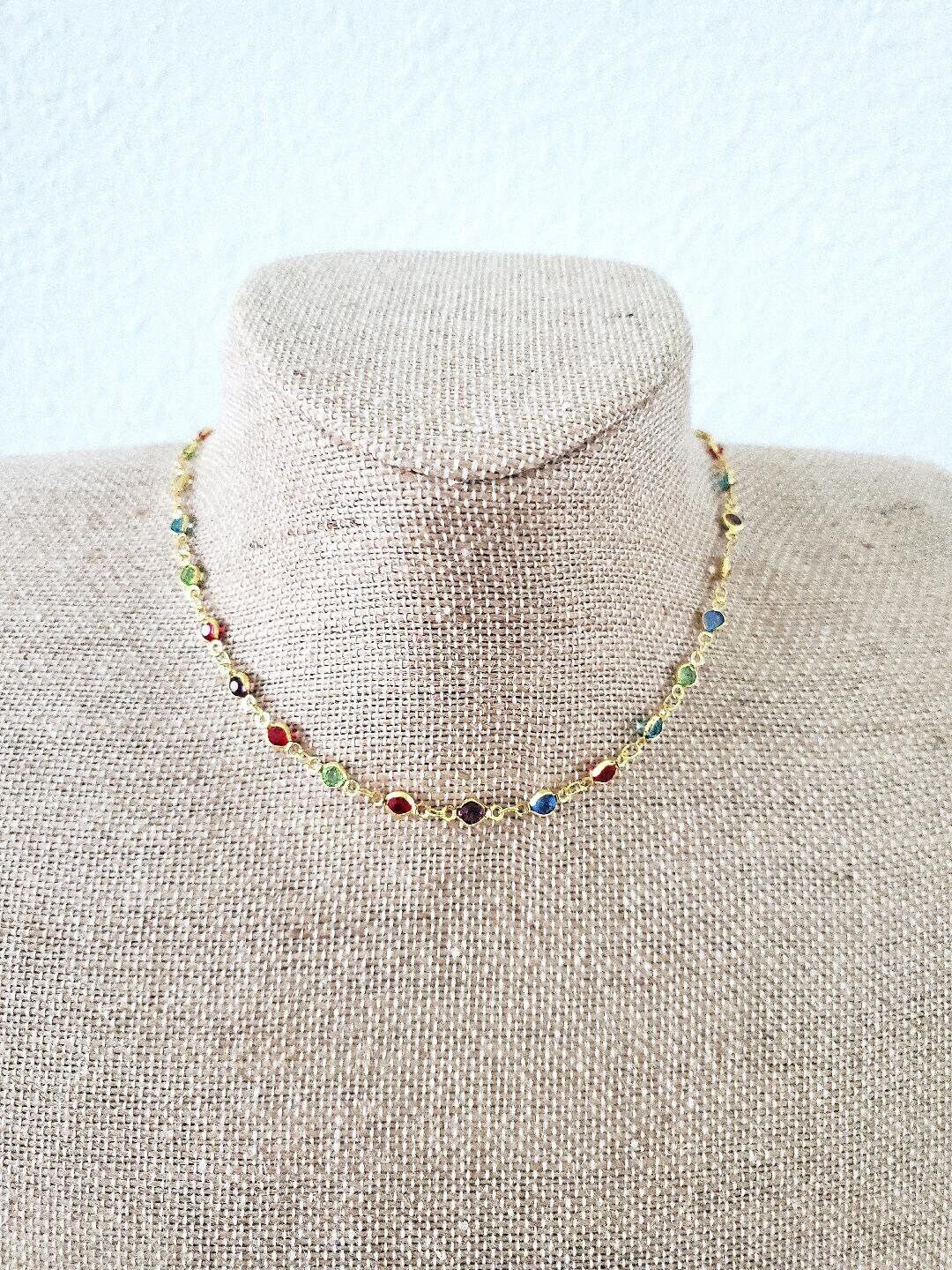 Sarah Cameron Rainbow Crystal Necklace Choker Beaded Stones Bezel Gold ...