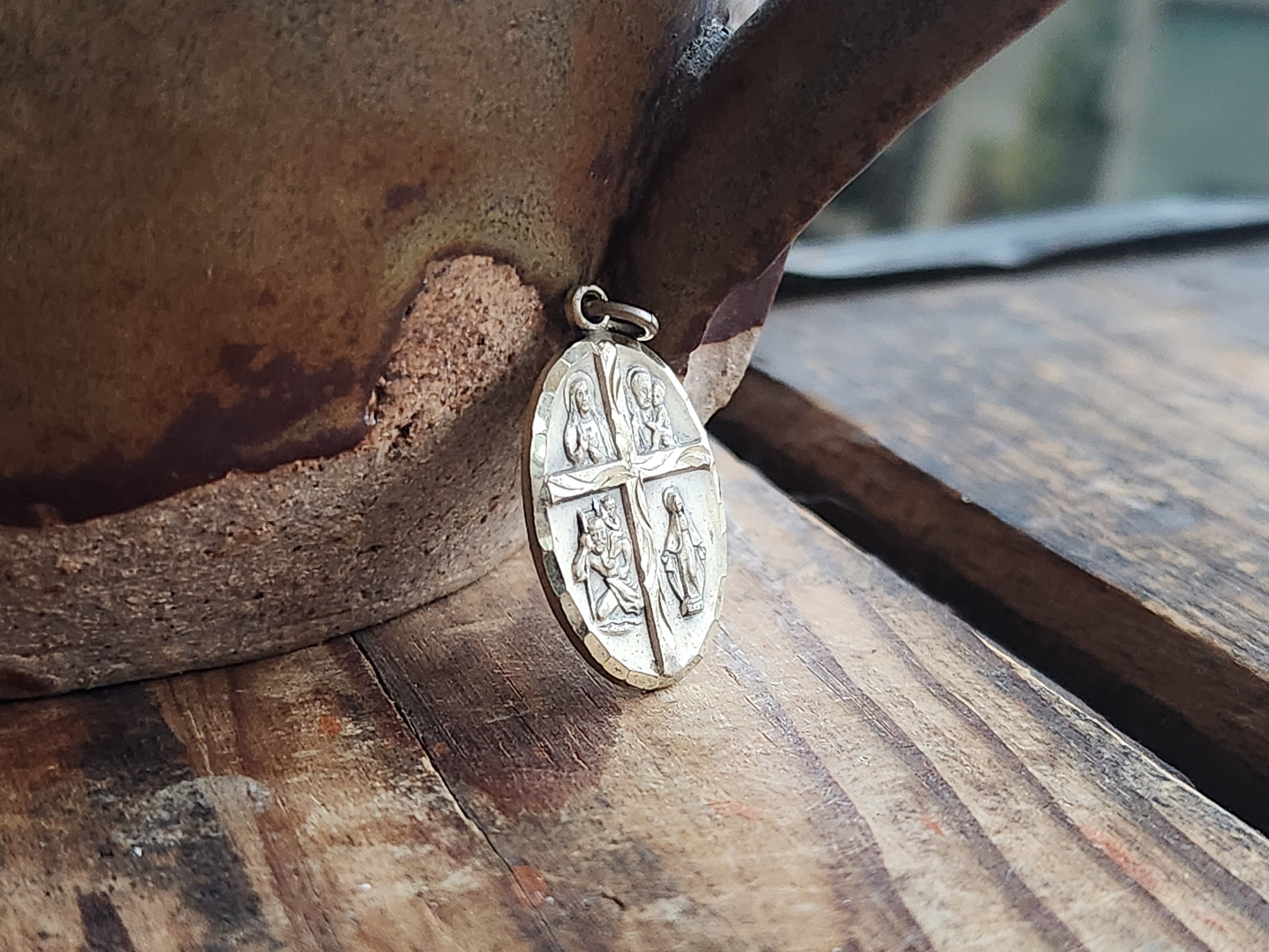 Vintage Cross Medallion STERLING Silver Necklace 4 Way Scapular Pendant ...