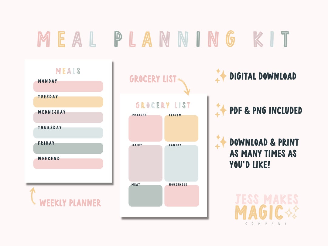 DIGITAL DOWNLOAD Weekly Meal Planning Kit | Daily Calendar, Digital ...