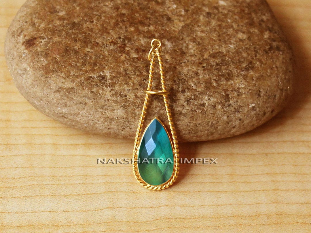 Chinese Green Hydro Quartz Long Pear Briolette Brass Setting Gold ...