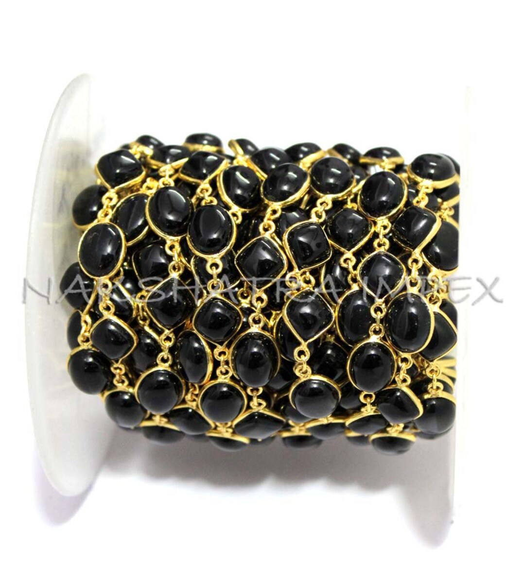 1 Foot Black Onyx Mix Size & Shape Cabochon Bezel Beaded Gold Plated ...