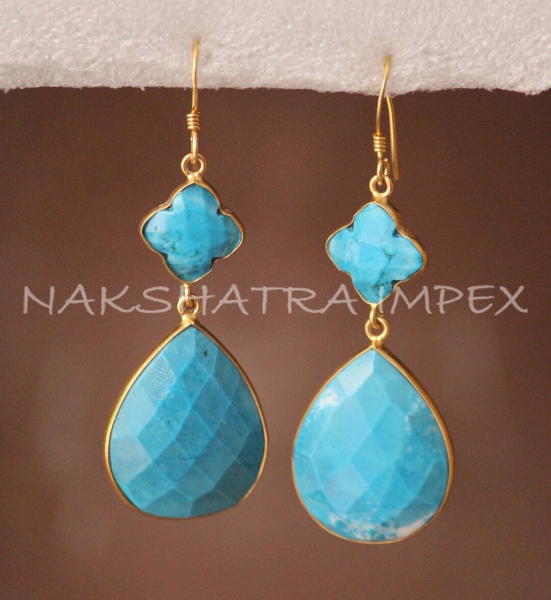Natural Turquoise Clover & Pear Briolette 925 Sterling Silver Gold ...