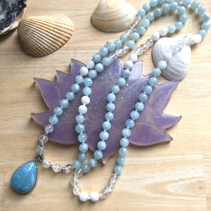 108 Mala Prayer Necklace — Aquarmarine, Rainbow Moonstone & Clear ...