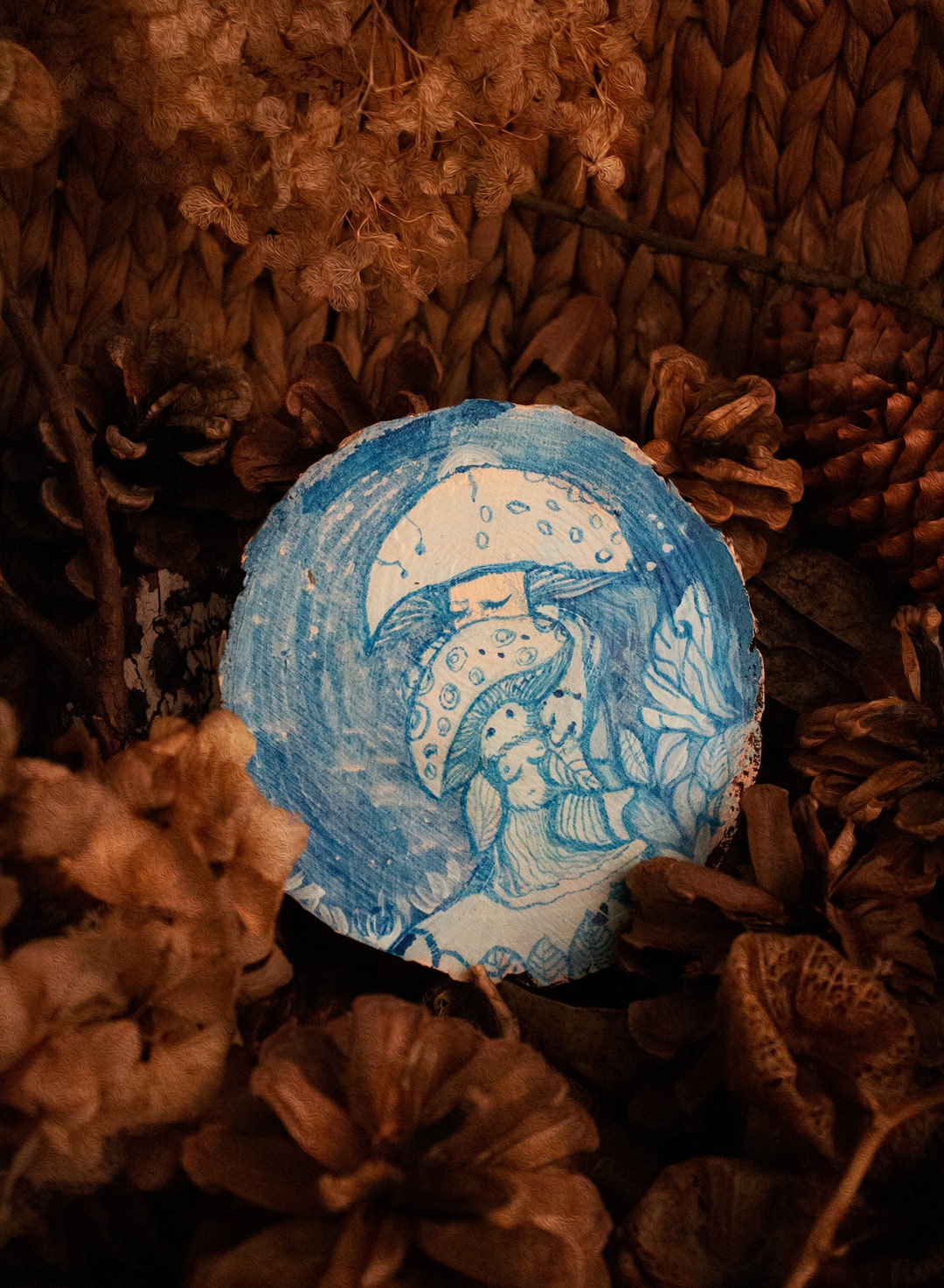 Hand-painted Wooden Disc With Magical Blue Mushrooms - Etsy