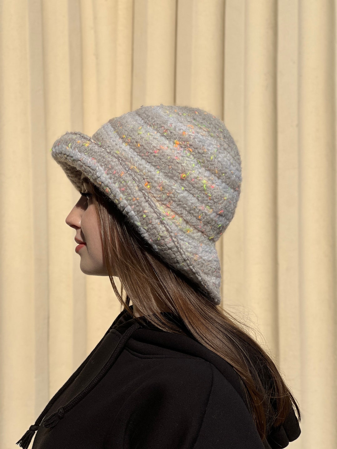 Wool Cloche Hat, Hand Knit Winter Hat, Chunky Knit Brim Hats, Womens ...