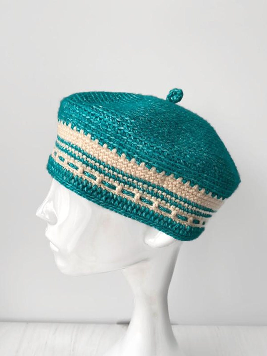 Blue Pillbox Hat Smail Head Crochet Mini Beret Hat Cotton Striped Pill ...