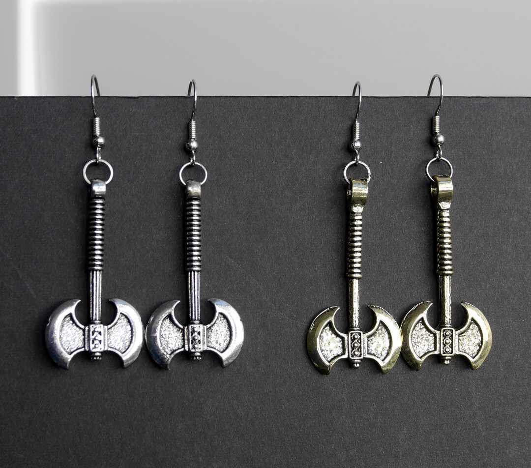 Fantasy Axe Blade Weapon Earrings, Gold Tone Battle Axe Weapon Earrings, Axe Jewellery, Girl ...