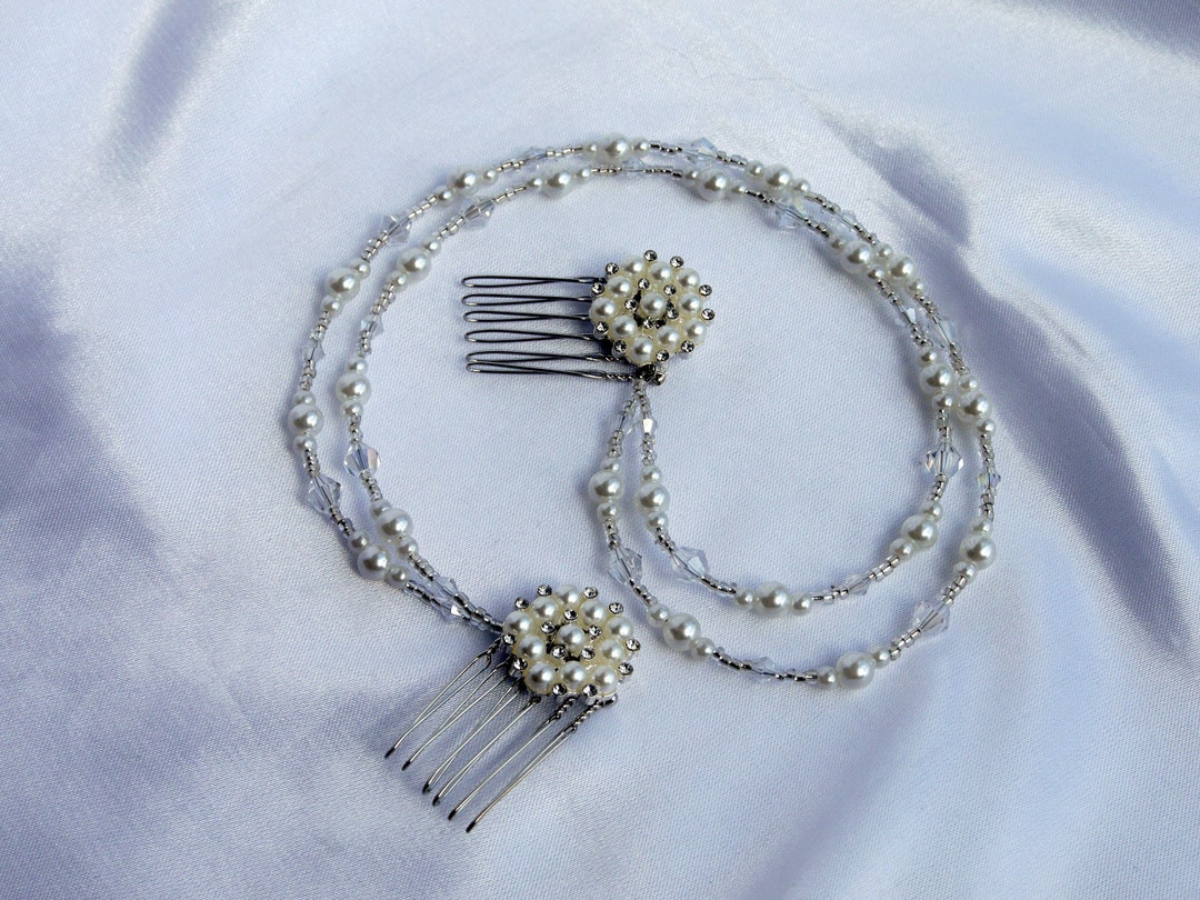 Silver Pearl Wedding Prom Hair Chain, Bridal Pearl Head Hair Chain ...
