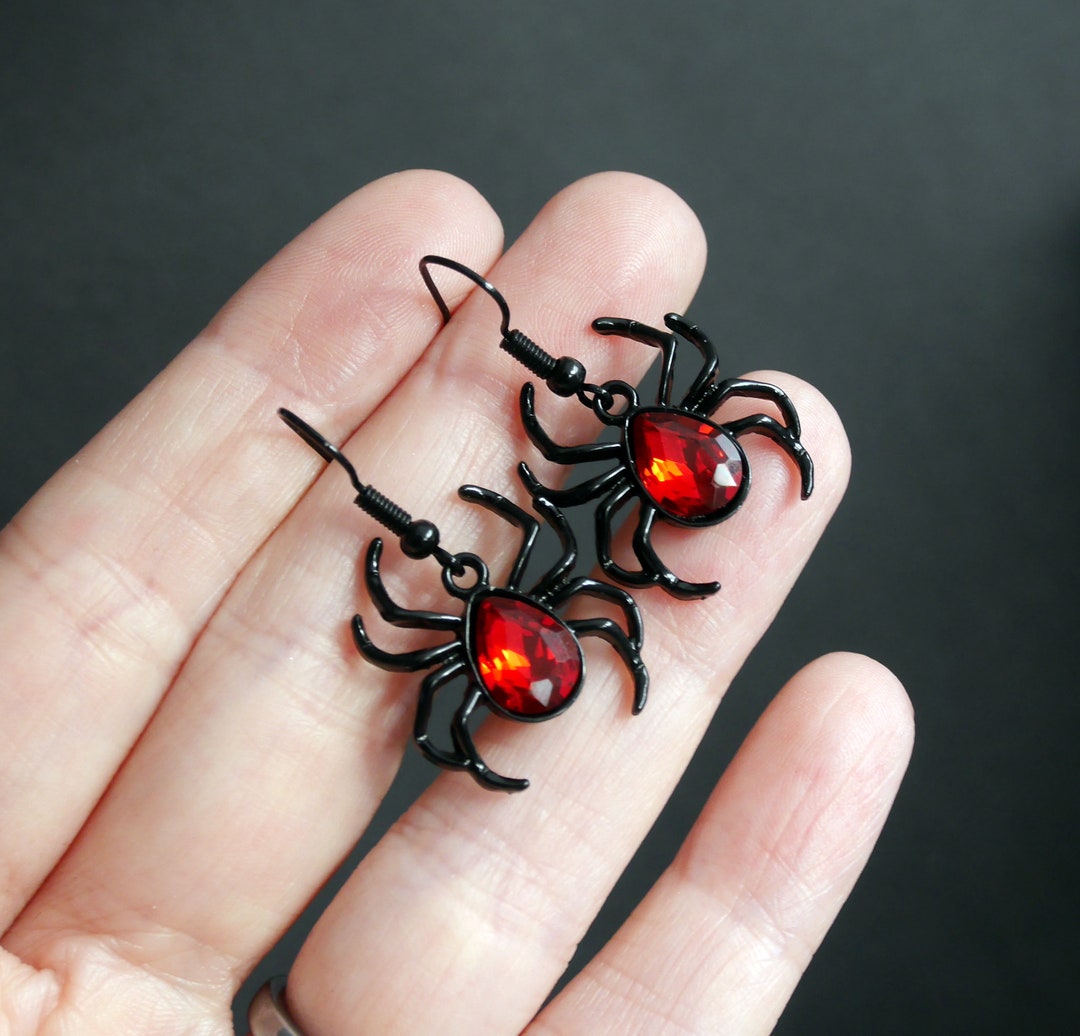 Black Spider Earrings, Black and Red Earrings, Red Gem Spider Earrings, Gothic Black Spider ...