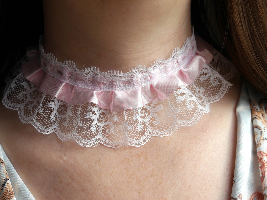 Pink and White Ruffle Lace Choker, White Pink Frilly Choker, Pink ...