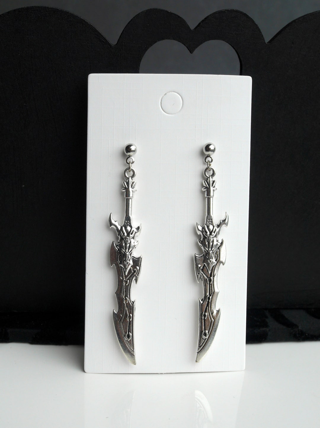 RPG Sword Shape Hook Stud or Clip on Earrings, Antique Sword Earrings, Weapon Dangle and Drop ...