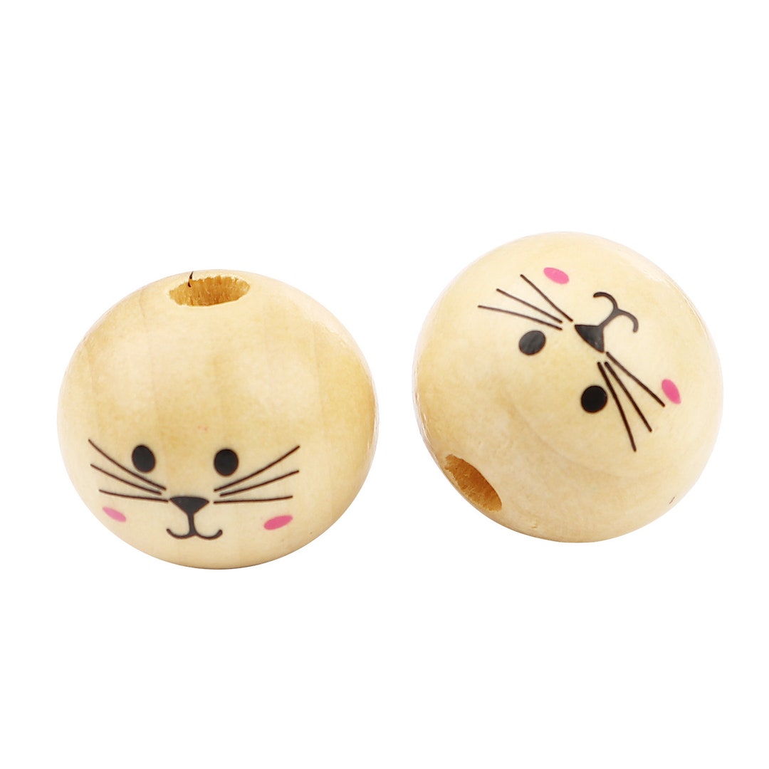 10 Round Wooden Cat Face Beads Beige Feline Whiskers Animal Cute Pet ...