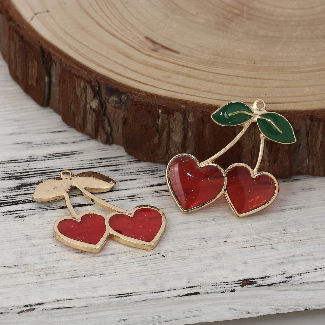 5 Charms Coeur Cerise Plaqué Or Émail Rouge & Vert 30mm - Etsy France