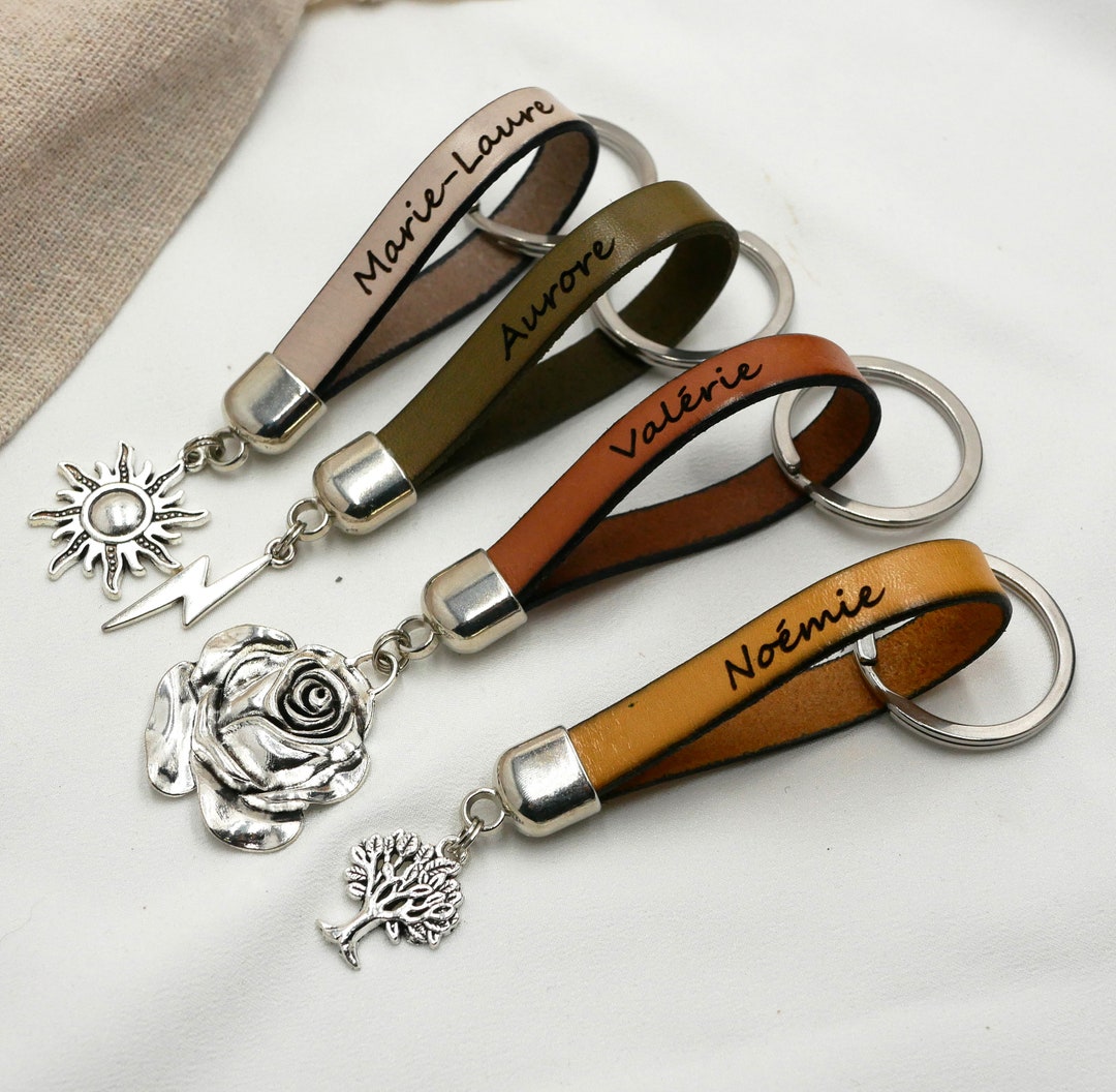 Personalized Leather Keychain for Women Men, Engraved With Names, Phone ...