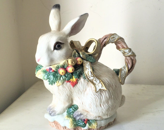 Fitz and Floyd Bunny Rabbit Teapot Water Pitcher Snowy Woods Collection ...