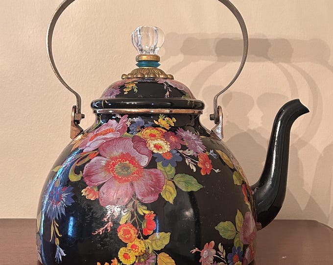 Mackenzie Childs Black Flower Market Tea Kettle - 3 Quart Floral Teapot ...